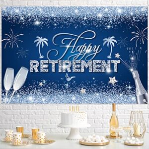 Happy Retirement Banner Backdrop Blue Silver Decorations Background Photo Booth Prop for Men Women Photography Officially Retire Party Decor Supplies