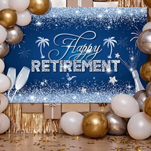 Happy Retirement Banner Backdrop Blue Silver Decorations Background Photo Booth Prop for Men Women Photography Officially Retire Party Decor Supplies