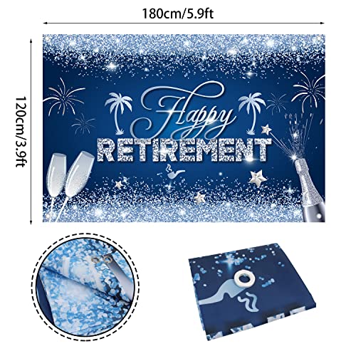 Happy Retirement Banner Backdrop Blue Silver Decorations Background Photo Booth Prop for Men Women Photography Officially Retire Party Decor Supplies