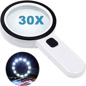 magnifying glass with 12 led lights, 30x double glass lens handheld illuminated magnifier reading magnifying glass with for seniors read, coins, stamps, map, inspection, macular degeneration