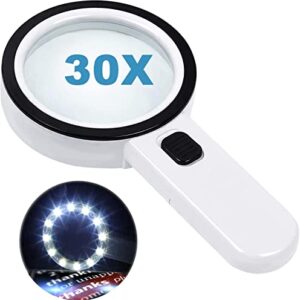 Magnifying Glass with 12 LED Lights, 30X Double Glass Lens Handheld Illuminated Magnifier Reading Magnifying Glass with for Seniors Read, Coins, Stamps, Map, Inspection, Macular Degeneration