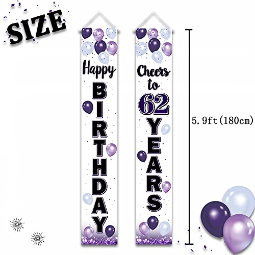 LASKYER Happy 62nd Birthday Purple Door Banner - Cheers to 62 Years Old Birthday Front Door Porch Sign Backdrop,62nd Birthday Party Decorations.