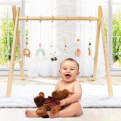 Golener Baby Play Gym Wooden Baby Gym with 6 Infant Activity Toys,Foldable Frame Hanging Bar,Toddler Activity Center with Pull Ring,Wood Gyms for Newborn Gift, Girl & Boy Shower Gift,Easy to Assemble