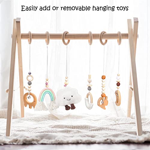 Golener Baby Play Gym Wooden Baby Gym with 6 Infant Activity Toys,Foldable Frame Hanging Bar,Toddler Activity Center with Pull Ring,Wood Gyms for Newborn Gift, Girl & Boy Shower Gift,Easy to Assemble