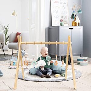 Golener Baby Play Gym Wooden Baby Gym with 6 Infant Activity Toys,Foldable Frame Hanging Bar,Toddler Activity Center with Pull Ring,Wood Gyms for Newborn Gift, Girl & Boy Shower Gift,Easy to Assemble