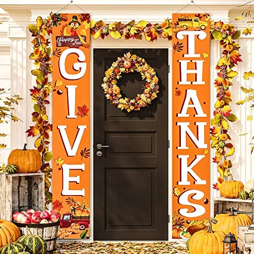 Blulu Fall Harvest Decorative Give Thanks Banners Thanksgiving Party Decorations Autumn Door Sign Pumpkin Turkey Maple Leaf Welcome Porch Sign for Fall Party Backdrop Garden Yard Orange