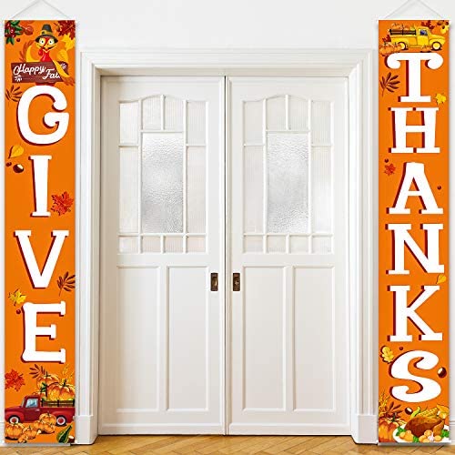 Blulu Fall Harvest Decorative Give Thanks Banners Thanksgiving Party Decorations Autumn Door Sign Pumpkin Turkey Maple Leaf Welcome Porch Sign for Fall Party Backdrop Garden Yard Orange