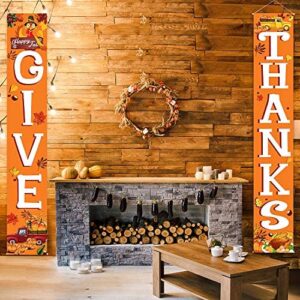 Blulu Fall Harvest Decorative Give Thanks Banners Thanksgiving Party Decorations Autumn Door Sign Pumpkin Turkey Maple Leaf Welcome Porch Sign for Fall Party Backdrop Garden Yard Orange