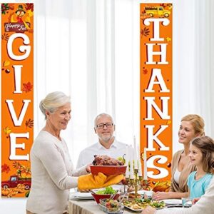 Blulu Fall Harvest Decorative Give Thanks Banners Thanksgiving Party Decorations Autumn Door Sign Pumpkin Turkey Maple Leaf Welcome Porch Sign for Fall Party Backdrop Garden Yard Orange