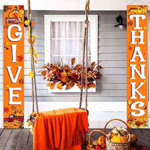 Blulu Fall Harvest Decorative Give Thanks Banners Thanksgiving Party Decorations Autumn Door Sign Pumpkin Turkey Maple Leaf Welcome Porch Sign for Fall Party Backdrop Garden Yard Orange