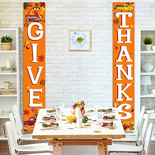 Blulu Fall Harvest Decorative Give Thanks Banners Thanksgiving Party Decorations Autumn Door Sign Pumpkin Turkey Maple Leaf Welcome Porch Sign for Fall Party Backdrop Garden Yard Orange