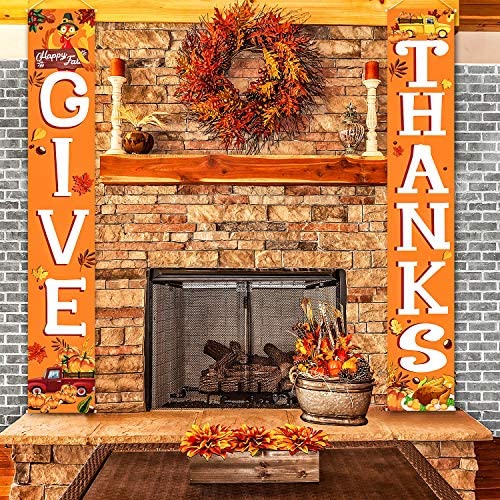 Blulu Fall Harvest Decorative Give Thanks Banners Thanksgiving Party Decorations Autumn Door Sign Pumpkin Turkey Maple Leaf Welcome Porch Sign for Fall Party Backdrop Garden Yard Orange