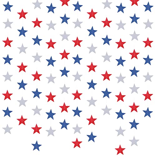 JREAMTD 10 Pack Patriotic Star Banners 4th of July Streamers Garland Decorations - 65Ft/180 Red Blue White Glitter Paper Star Banner Decor Independence Day Memorial Day BBQ Holiday Party Supplies