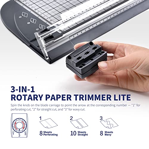 3-in-1 Rotary Paper Cutter Lite, Moonsmile Portable Paper Slicer, 12 Inch Cutting Length, with 3 Types of Blades Encased in The Protective Case, Ideal for Scrapbooking Projects, Home/Small Office Use