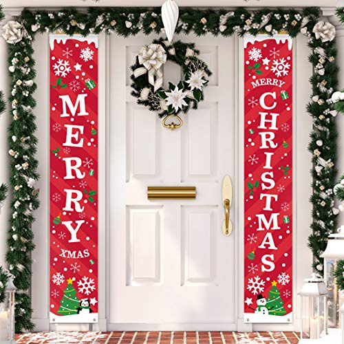 Merry Christmas Banner Sign - Christmas Front Porch Door Decorations - Outdoor Xmas Decor - Red Merry Christmas Sign for City, Country Clearance Wall Hanging Outside