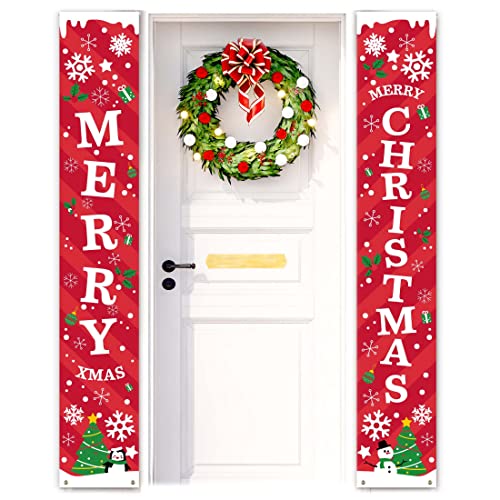 Merry Christmas Banner Sign - Christmas Front Porch Door Decorations - Outdoor Xmas Decor - Red Merry Christmas Sign for City, Country Clearance Wall Hanging Outside