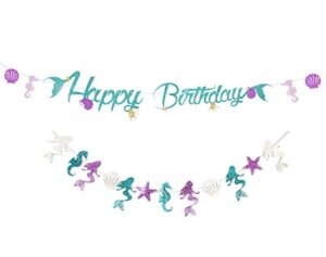 mermaid happy birthday banner, mermaid starfish seashell seahorse banner, under the sea mermaid theme party decoration