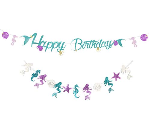 Mermaid Happy Birthday Banner, Mermaid Starfish Seashell Seahorse Banner, Under The Sea Mermaid Theme Party Decoration