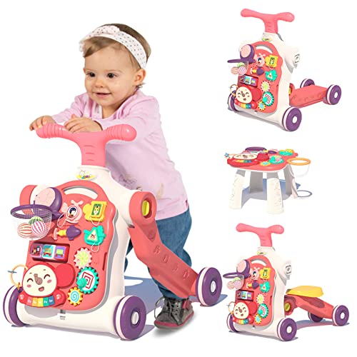 QDRAGON 5 in 1 Walker for Baby Girl, Baby Push Walkers, Assemble as Scooter/Motorbike/Activity Center/Detachable Panel, Walking Toys Learning Walker for Infants Toddler, Red