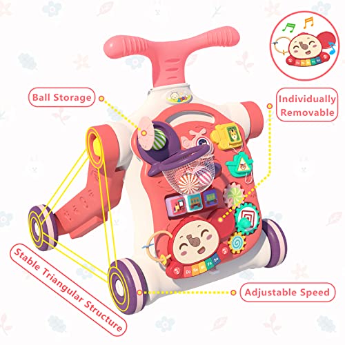 QDRAGON 5 in 1 Walker for Baby Girl, Baby Push Walkers, Assemble as Scooter/Motorbike/Activity Center/Detachable Panel, Walking Toys Learning Walker for Infants Toddler, Red