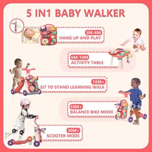 QDRAGON 5 in 1 Walker for Baby Girl, Baby Push Walkers, Assemble as Scooter/Motorbike/Activity Center/Detachable Panel, Walking Toys Learning Walker for Infants Toddler, Red