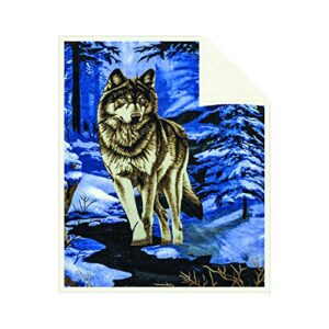 Fleece Sherpa Receiving Baby Blanket - Boys Girls Thick Soft Poly Double Layer Plush Minky Comfy Blankets for Infants Toddlers & Pets with Printed Blue Wolf Imagery Throws Size 30" X 42"