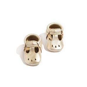 First Pair Soft Sole Newborn Platinum Mary Jane Moccasins - Newborn Baby Girl Shoes - Size 0