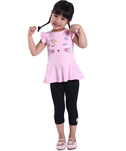 CuteMe Adorable Baby Girls Clothes Set Cute Cat Print Sleeveless Shirt Tops Cropped Pants 2 Pieces Outfits (19101,Pink,120)