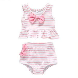 myhrey toddler baby girls swimsuit sleeveless striped ruffle top+bottoms bathing suit summer beach wear (3-6 months, pink+bowknot)