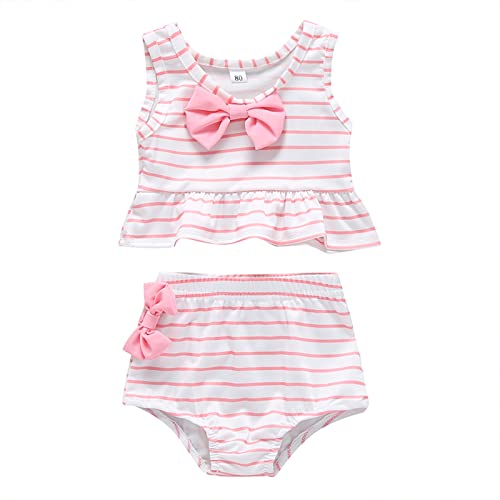 Myhrey Toddler Baby Girls Swimsuit Sleeveless Striped Ruffle Top+Bottoms Bathing Suit Summer Beach Wear (3-6 Months, Pink+Bowknot)