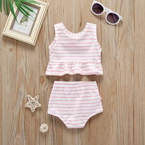 Myhrey Toddler Baby Girls Swimsuit Sleeveless Striped Ruffle Top+Bottoms Bathing Suit Summer Beach Wear (3-6 Months, Pink+Bowknot)