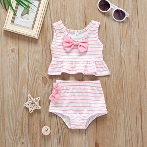 Myhrey Toddler Baby Girls Swimsuit Sleeveless Striped Ruffle Top+Bottoms Bathing Suit Summer Beach Wear (3-6 Months, Pink+Bowknot)