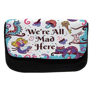 ambesonne fantasy pencil case, alice in wonderland, fabric pen pencil bag with double zipper, 8.5″ x 5.5″, multicolor