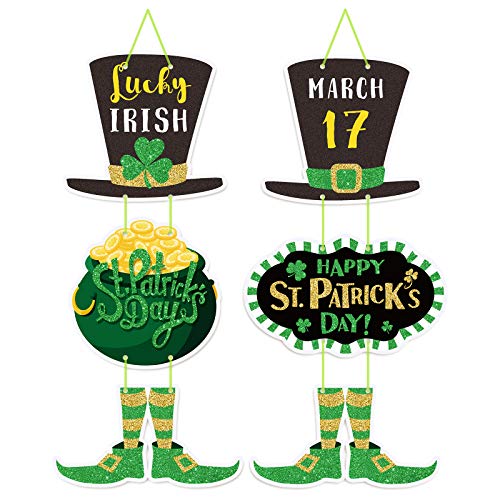 Whaline Glitter St. Patrick's Day Sign Banner Irish Party Door Hanging Sign St. Patrick's Day Welcome Sign with Leprechaun Top Hat and Feet for St. Patrick's Day Decorations Party Supplies