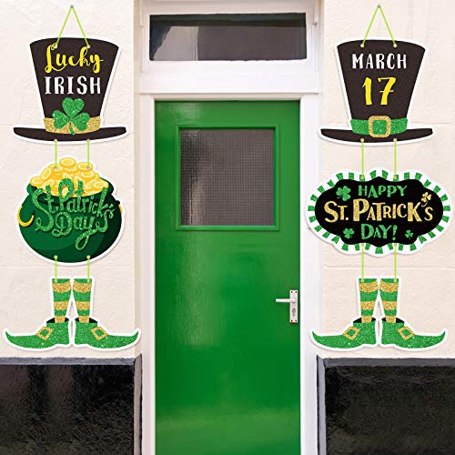 Whaline Glitter St. Patrick's Day Sign Banner Irish Party Door Hanging Sign St. Patrick's Day Welcome Sign with Leprechaun Top Hat and Feet for St. Patrick's Day Decorations Party Supplies