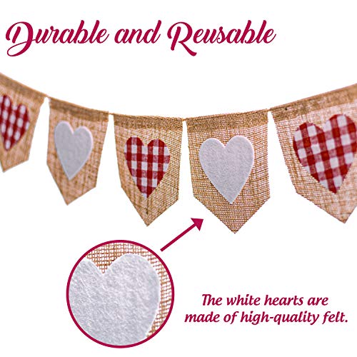 Adurself Heart Burlap Banner Valentine Garland Wedding Engagement Party Vintage Rustic Burlap Buffalo Plaid Red White Check Lace Banner for Valentine's Day Birthday Bridal Shower Anniversary