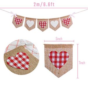 Adurself Heart Burlap Banner Valentine Garland Wedding Engagement Party Vintage Rustic Burlap Buffalo Plaid Red White Check Lace Banner for Valentine's Day Birthday Bridal Shower Anniversary