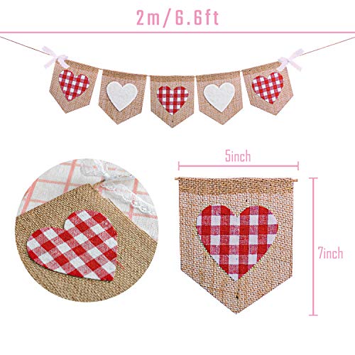 Adurself Heart Burlap Banner Valentine Garland Wedding Engagement Party Vintage Rustic Burlap Buffalo Plaid Red White Check Lace Banner for Valentine's Day Birthday Bridal Shower Anniversary