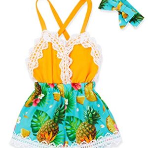 ADIFUN Toddler girl clothes 18-24 months girl summer pineapple pattern suspender romper+Headband two-piece suit toddler girl jumpsuit clothes outfits