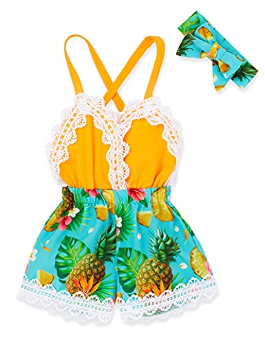 ADIFUN Toddler girl clothes 18-24 months girl summer pineapple pattern suspender romper+Headband two-piece suit toddler girl jumpsuit clothes outfits