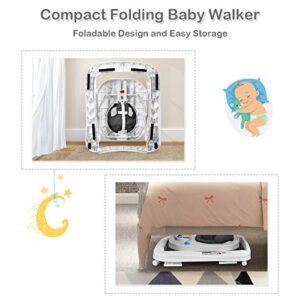 BABY JOY Baby Walker, 2 in 1 Foldable Activity Behind Walker with Adjustable Height & Speed, Friction Control Functions, Safety Belt, High Back Padded Seat, Music, Detachable Penguin Play Bar (Gray)