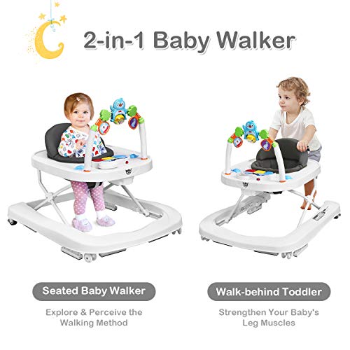 BABY JOY Baby Walker, 2 in 1 Foldable Activity Behind Walker with Adjustable Height & Speed, Friction Control Functions, Safety Belt, High Back Padded Seat, Music, Detachable Penguin Play Bar (Gray)