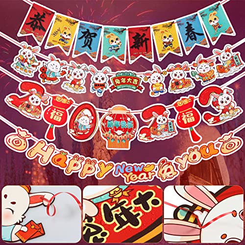 9 Pcs 2023 Chinese New Year Banner Year of The Rabbit Welcome Sign Traditional Chinese Rabbit Year Hanging Ornaments Spring Festival Hanging Banner Decorations 2023 Party Supplies Home Office Porch