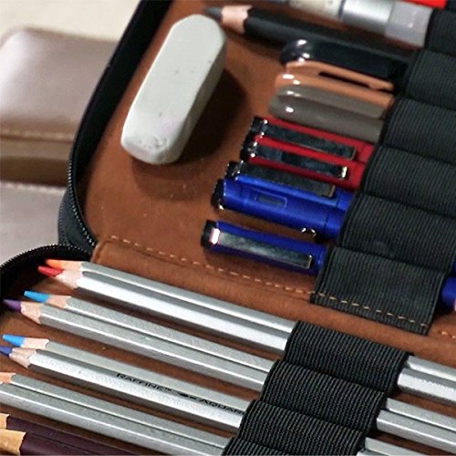 Creative Mark Soft Genuine Leather Pencil Case Holds 48 Pencil Pen Marker Makeup Brush Artist Tool Paint Brush Zippered Pouch Holder-48 Count [Black]