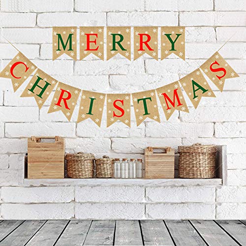 Jolik Burlap Merry Christmas Banner with Snowflakes - Christmas Burlap Banner Decoration for Home Christmas Decor