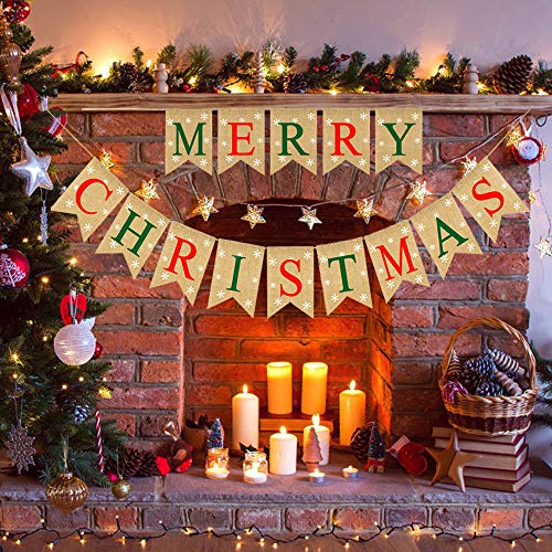 Jolik Burlap Merry Christmas Banner with Snowflakes - Christmas Burlap Banner Decoration for Home Christmas Decor