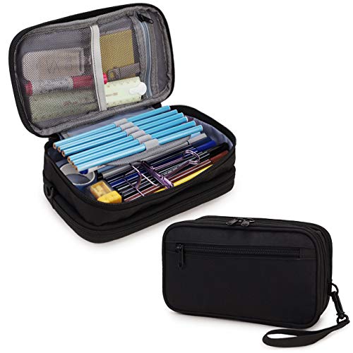 Pencil Case, VX VONXURY Large Pencil Pouch with 2 Zipper Compartments Stationery Organizer Cosmetic Makeup Bag for School,Office Black 