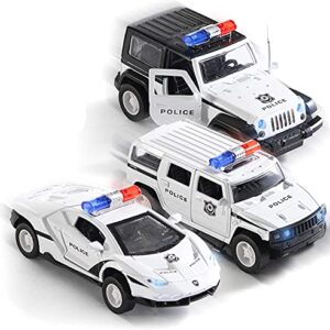 Top Race Metal Die cast Police Cars Pull Back Battery Powered with Led Headlights Police Truck and Sirens 1:32 Scale Set of 3 - Die Cast Metal Toy Cars Hot Wheels Police Cars