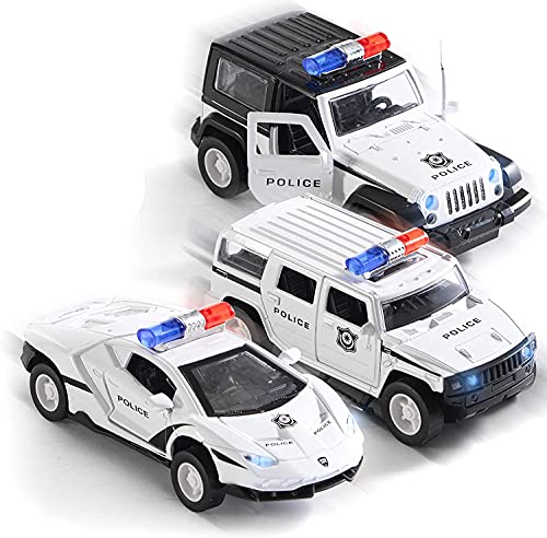 Top Race Metal Die cast Police Cars Pull Back Battery Powered with Led Headlights Police Truck and Sirens 1:32 Scale Set of 3 - Die Cast Metal Toy Cars Hot Wheels Police Cars