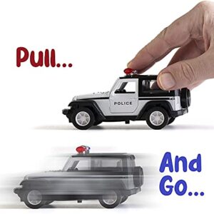 Top Race Metal Die cast Police Cars Pull Back Battery Powered with Led Headlights Police Truck and Sirens 1:32 Scale Set of 3 - Die Cast Metal Toy Cars Hot Wheels Police Cars